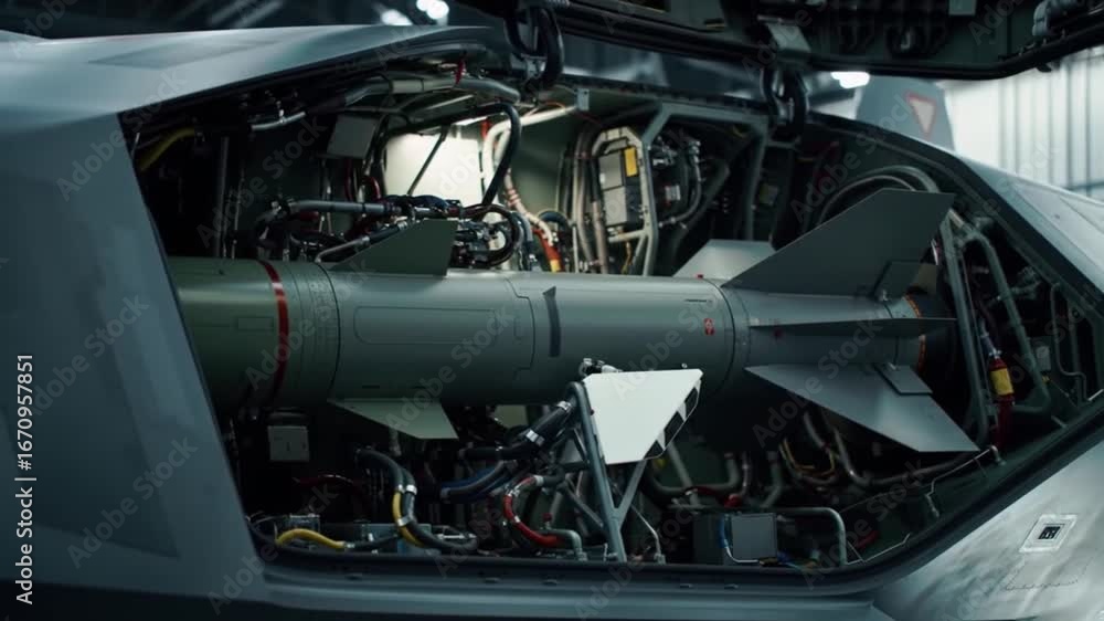 Missile inside a stealth fighter jet, close-up view of the weapon ...