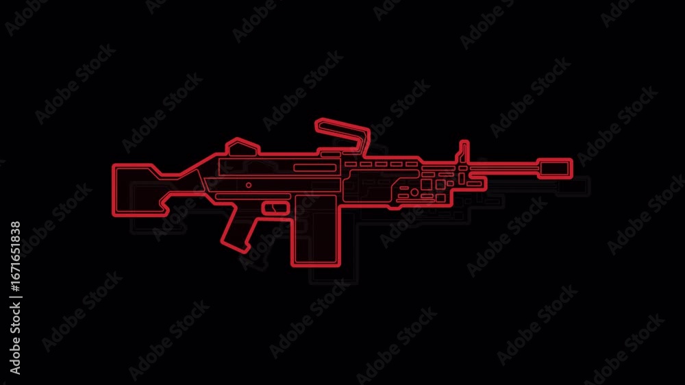 Dynamic Red Outline Rifle Animation: Digital Weapon Blueprint Reveal ...