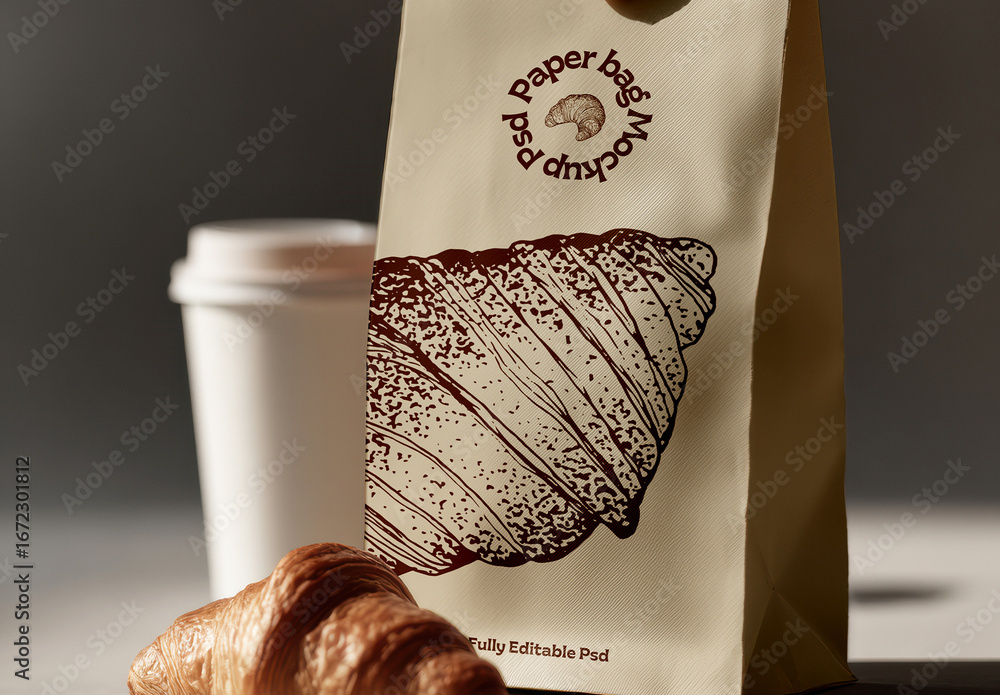Paper Bag with Coffee Cup and Croissant Mockup Stock Template | Adobe Stock