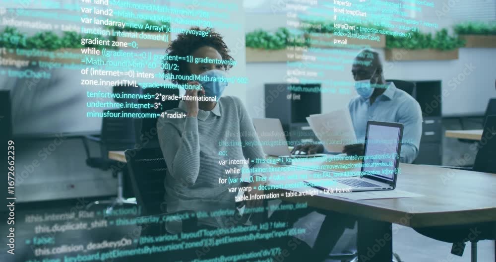 Woman making phone call and starting cybersecurity code overlay while ...