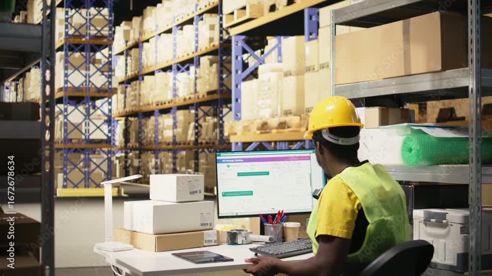 Storage room employee scanning shipping labels to register in inventory ...