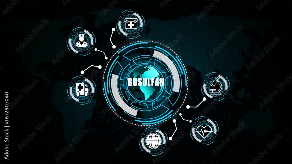 HUD animation Hologram Medicine Ingredient busulfan on world map ...