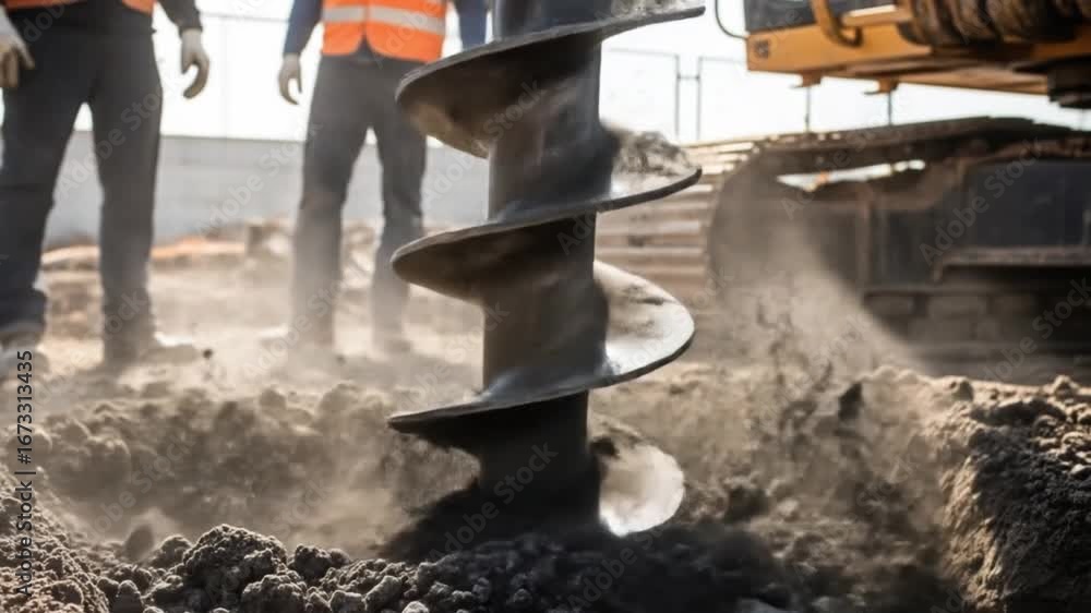Drilling machine with large auger bit excavating dirt and rocks from ...