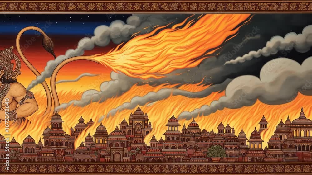 Hanuman Burning Lanka Vibrant Indian Miniature Painting of Epic Hindu ...