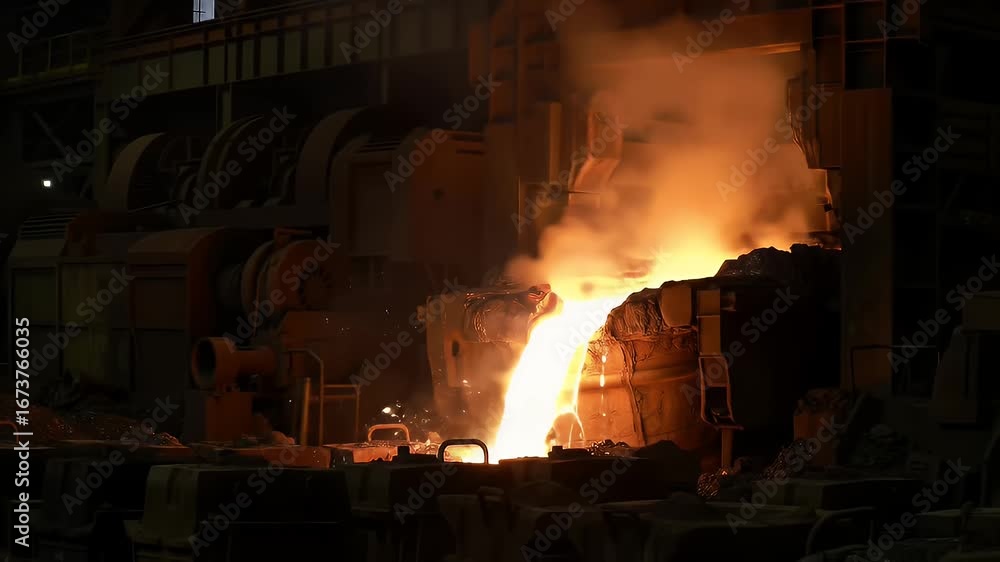 Molten Metal Stream Pouring in Steel Mill Furnace Under Dramatic ...