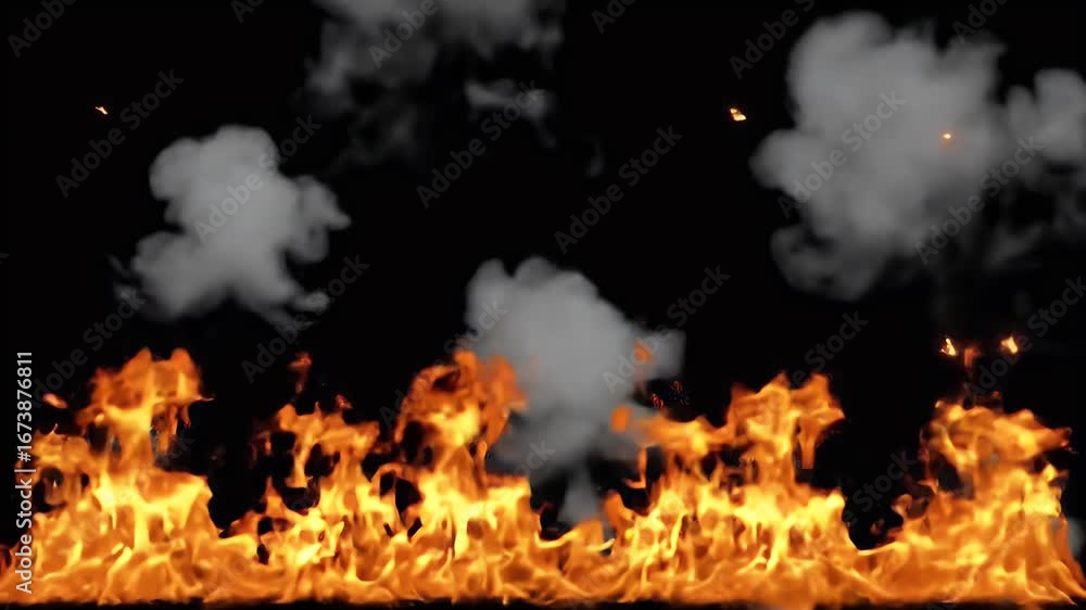Realistic Fire Flames with Rising Smoke and Sparks on Black Background ...