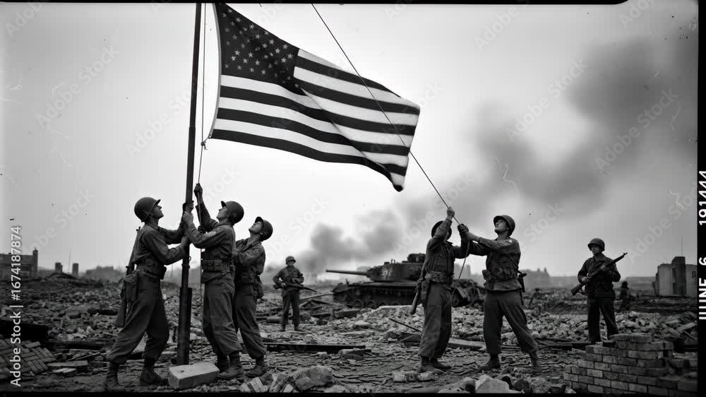 US Soldiers Raising Flag on Battlefield - A black and white video ...