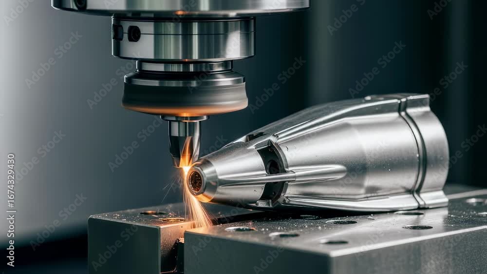 Highspeed milling cutter spinning rapidly as it shapes the metal sabot ...