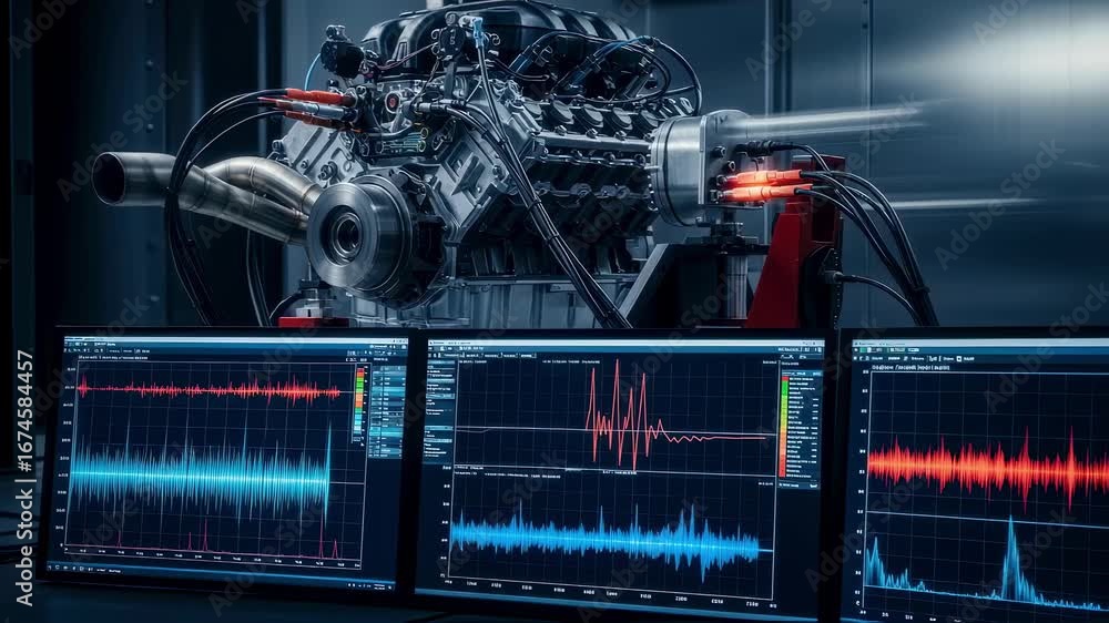 Formula One engine dyno test in progress with digital waveform displays ...