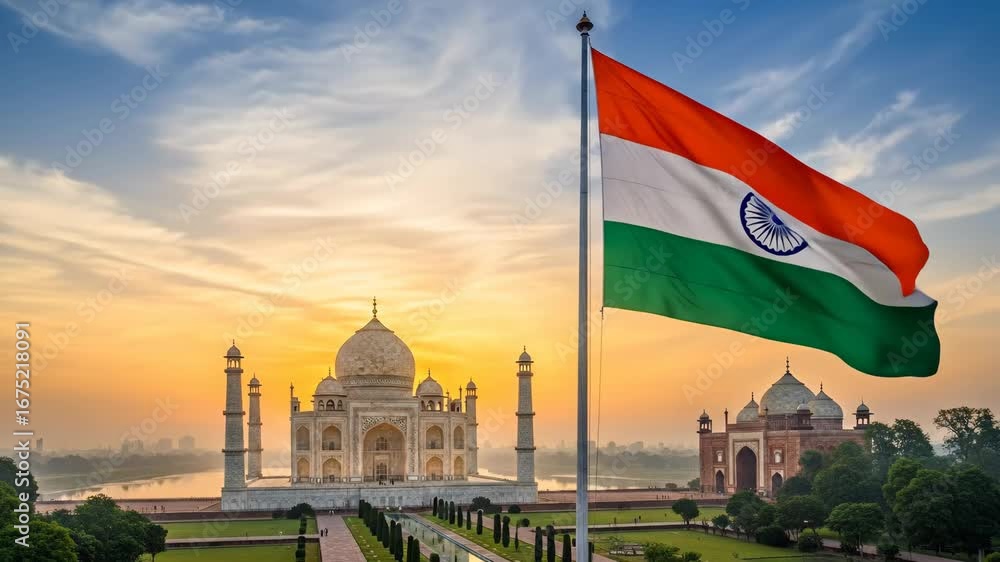 Taj Mahal Sunrise with Indian Flag - The Taj Mahal at sunrise, a ...