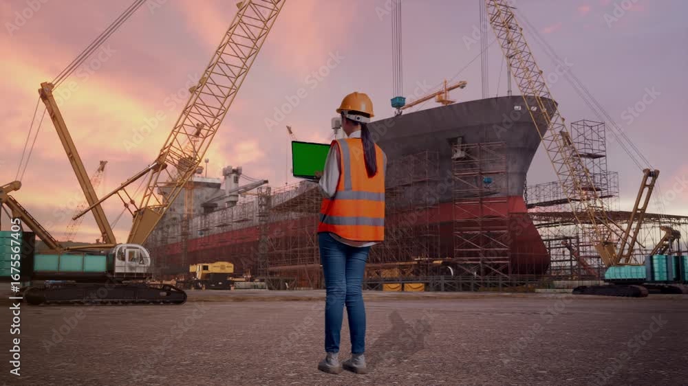 Full Body Back View Of Asian Female Engineer With Safety Helmet Working ...