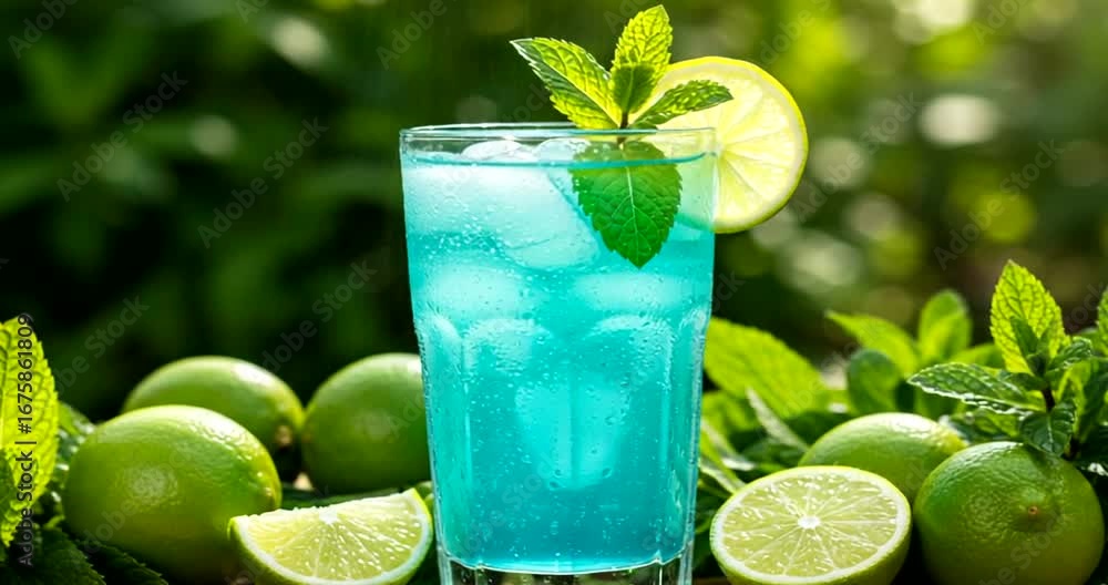 Refreshing blue drink with mint and limes in garden Stock Video | Adobe ...