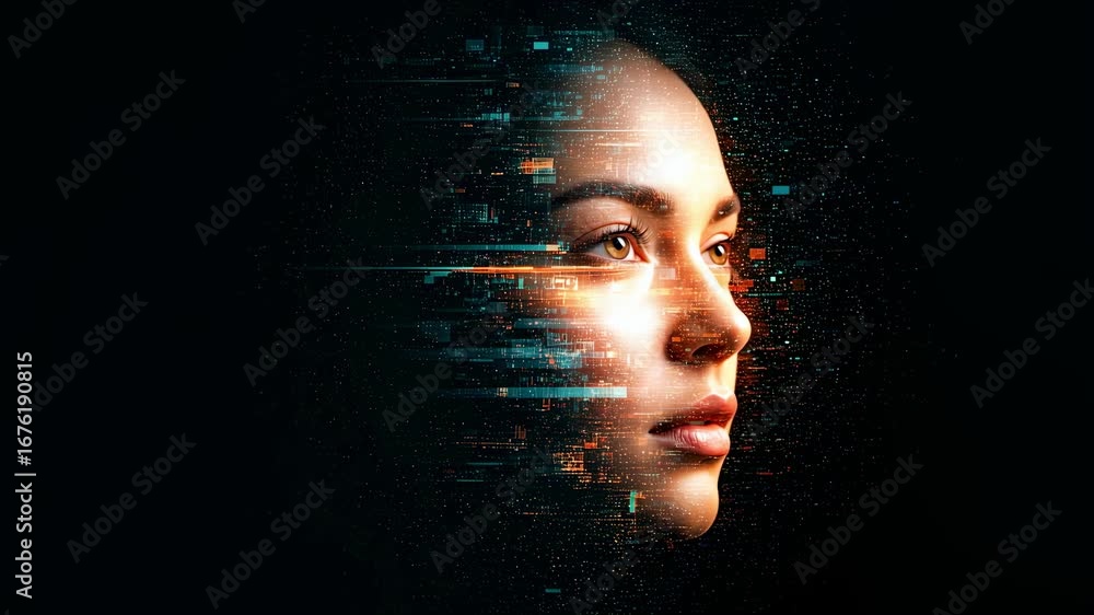 Woman's profile transforming into digital data face. Artificial ...