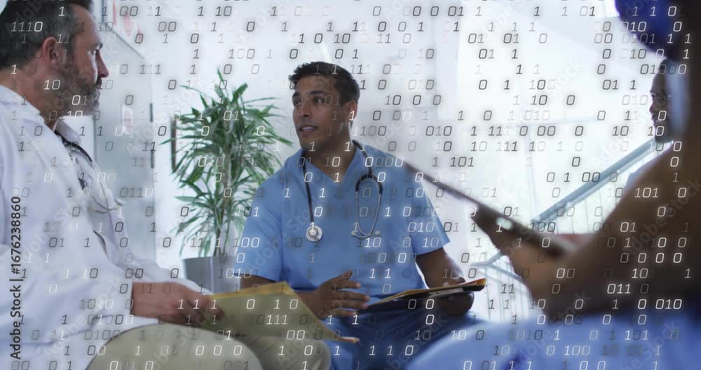 male nurse tapping clipboard leading medical review while doctor paging ...