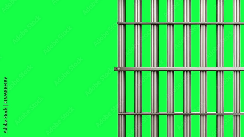 A static camera closeup of a heavy welded iron jail cell door, jail ...