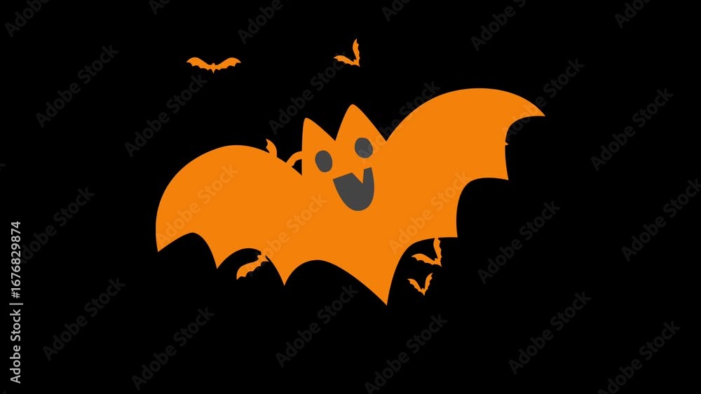 Animated orange cartoon bat with smile flying in dark sky with smaller ...