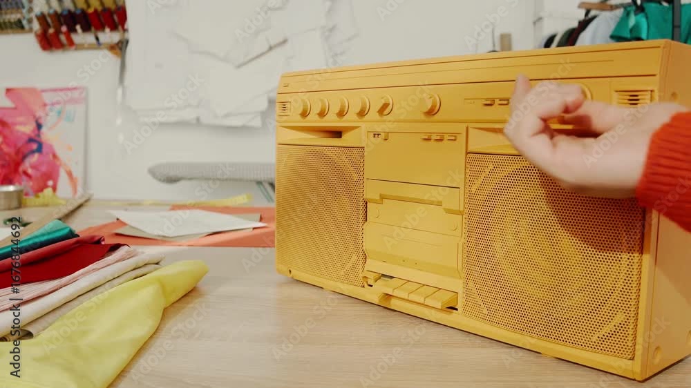 Bright Yellow Cassette Player Being Turned On in 4K Ultra HD | Vintage ...