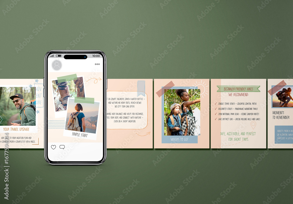 Instagram carousel template for travel and hiking, 8 customizable post ...