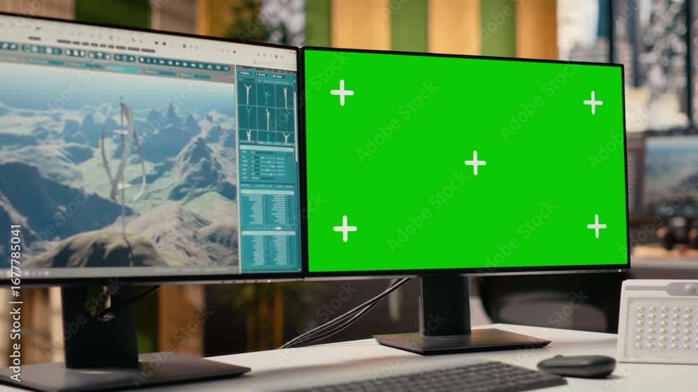 Wind turbine simulation on green screen mockup PC in RD office. CAD ...