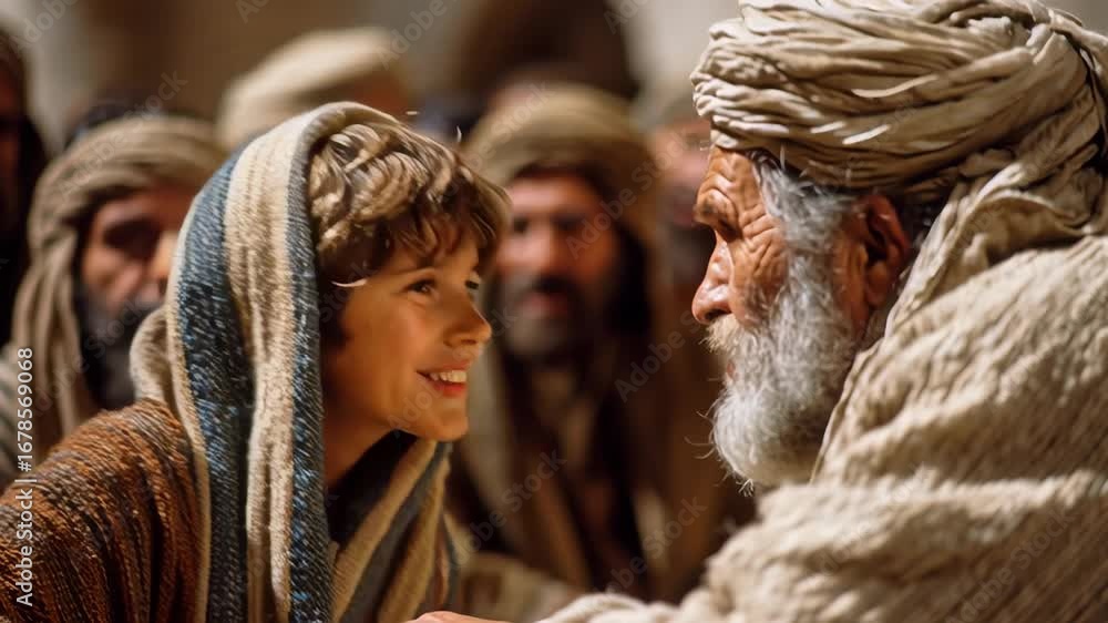 A boy, Jesus, at twelve years old, in the temple asking questions of ...