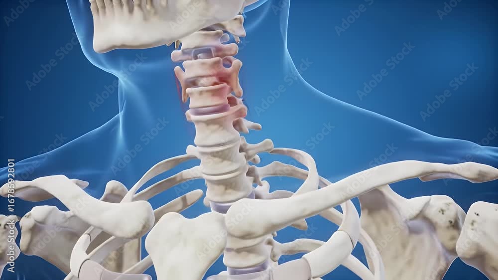 Cervical spine injury animation showing skeletal anatomy and neck pain ...