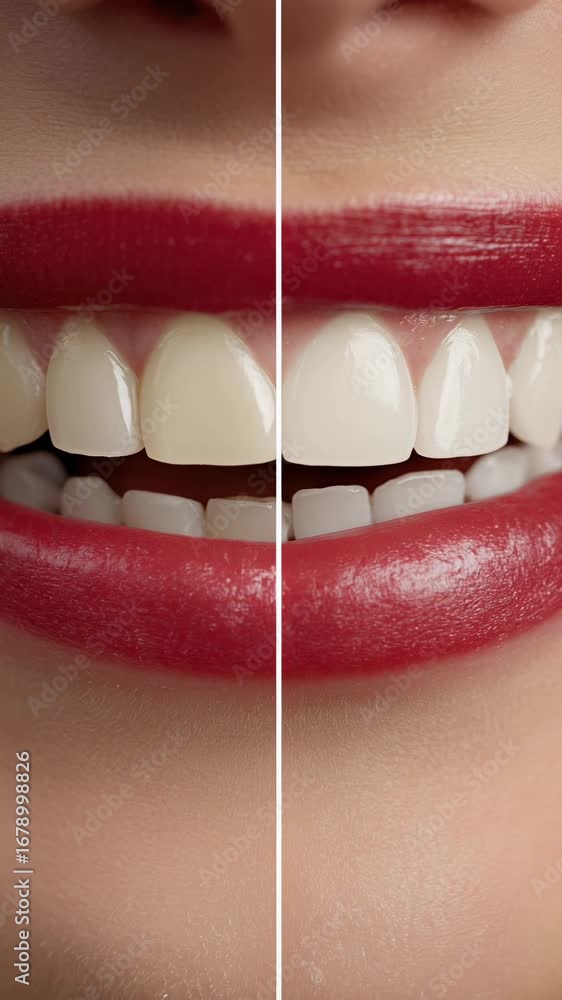 Smiling female face closeup split in two parts showing before and after ...