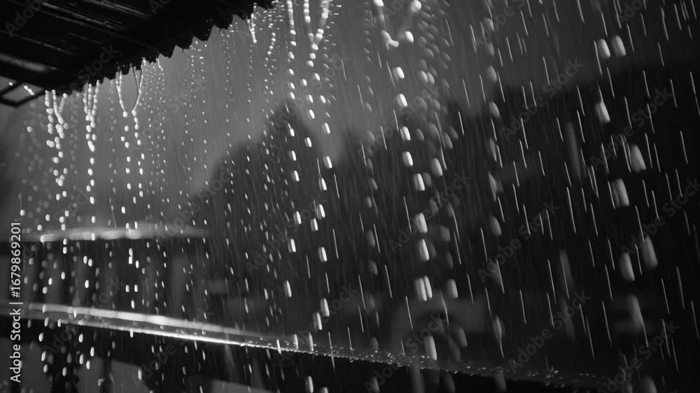Raindrops streaming down architectural roof edge, generating dynamic ...