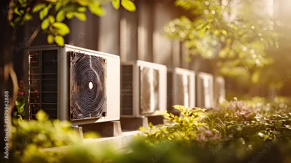 Dynamic Row of Modern Air Conditioning Units Operating Amidst Lush ...