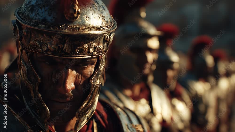Legionary warrior in helmet and armor leads Roman soldiers in ancient ...