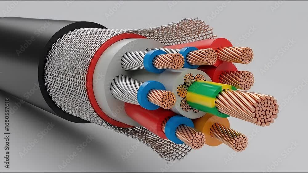 Cross-section of an armored multi-core industrial power cable showing ...