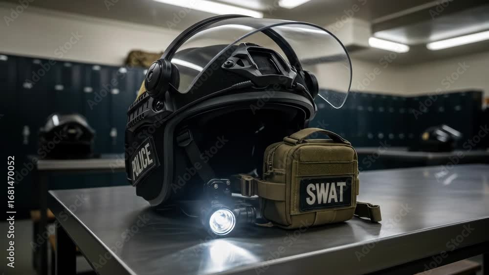 Police SWAT helmet and bag on table in locker room, law enforcement ...