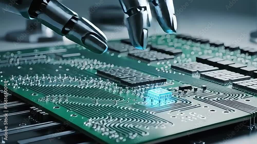 Advanced robotic arm delicately places chip on a complex circuit board ...
