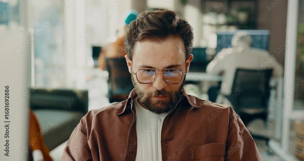 Business, man and stretching with computer in office for muscle relief ...