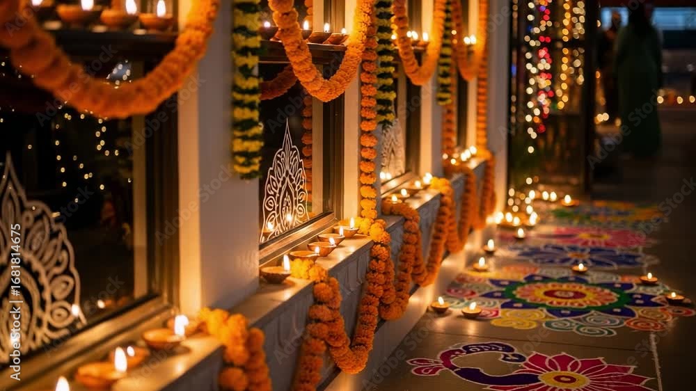 Beautiful Diwali decorations with lit clay oil lamps or diyas, orange ...