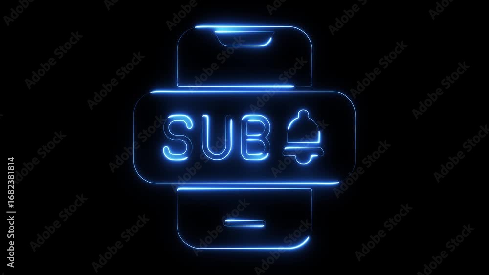Neon blue subscribe button animation with bell icon on dark background ...