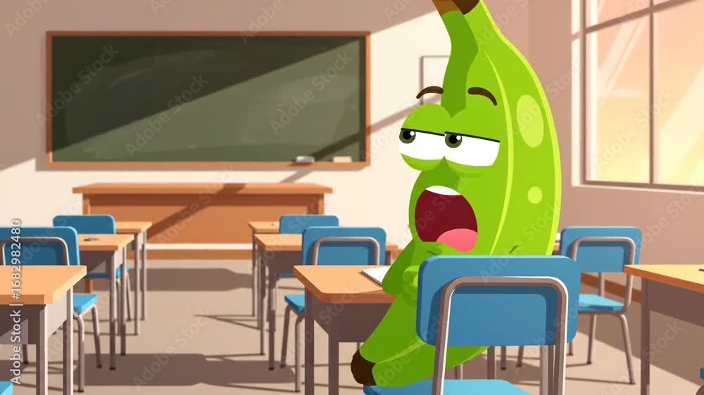 Cartoon image shows a green banana character yelling in a classroom ...