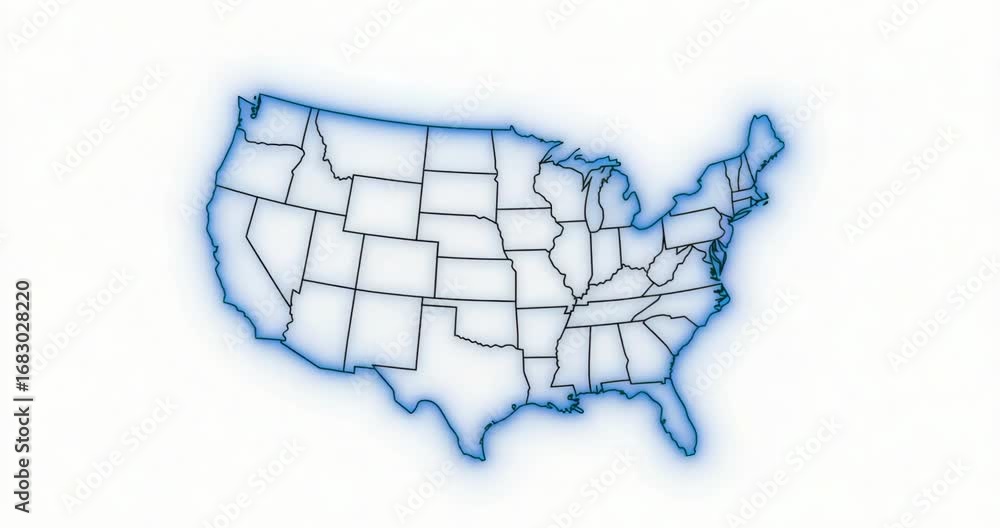 Appearing blue glow tracing map outline of US on white backdrop to ...