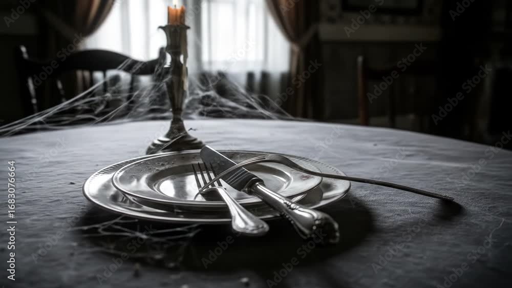 Dusty Dining Table with Silverware Candle and Cobwebs Creates A Creepy ...