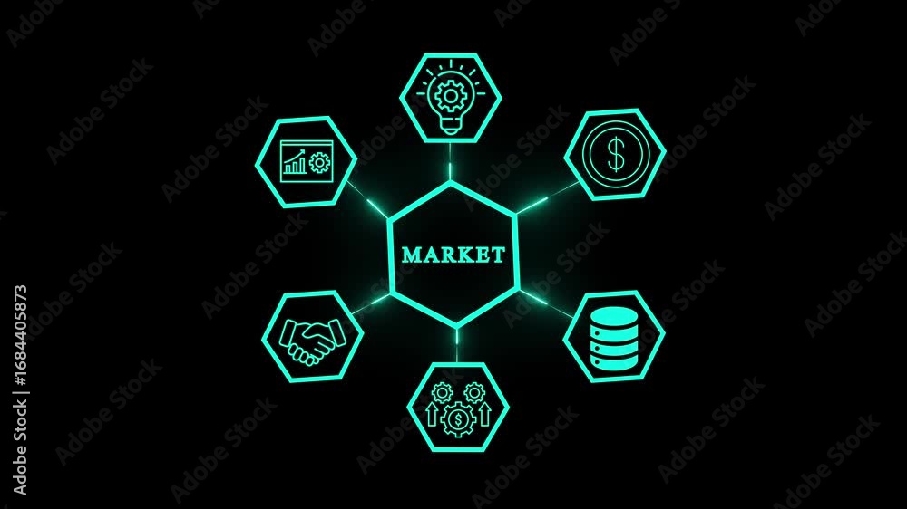 Animated market concept with icons representing business, finance, and ...