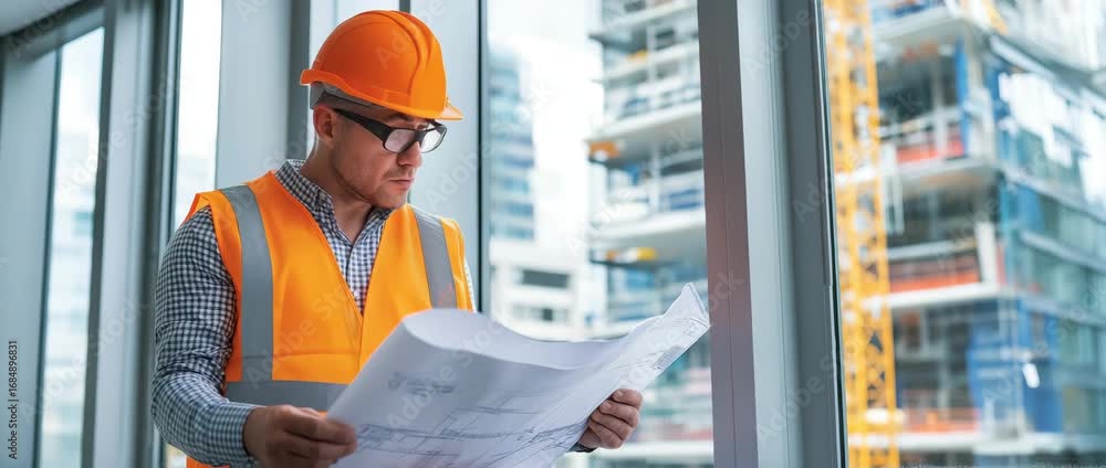 Civil engineer is examining architectural schematics and comparing data ...