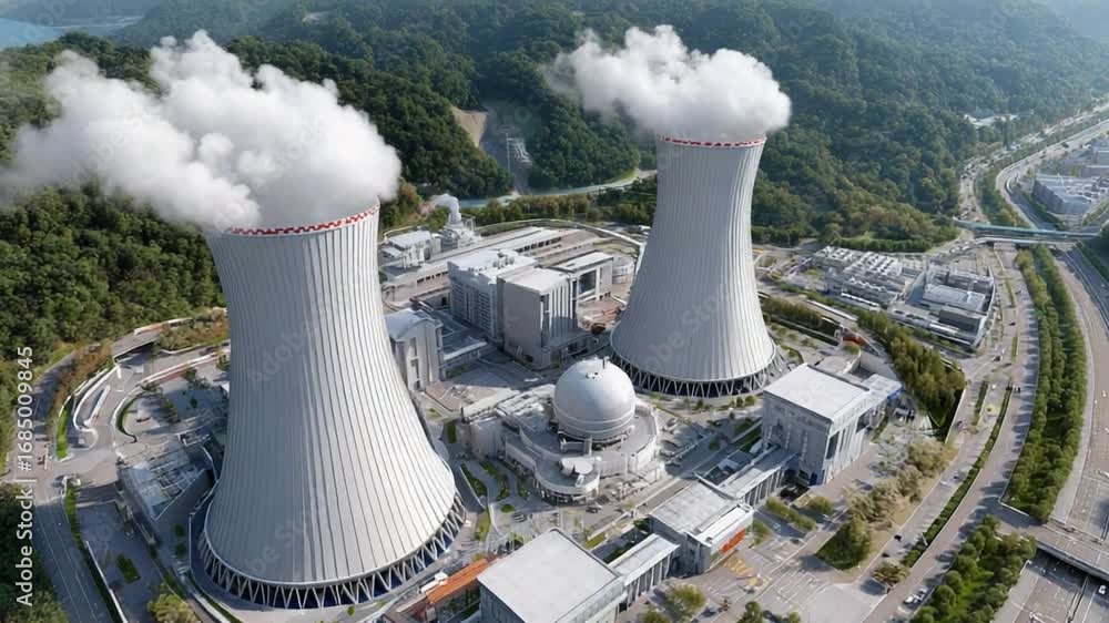 Nuclear Plant and Cool Tower: An expansive aerial vista showcases the ...