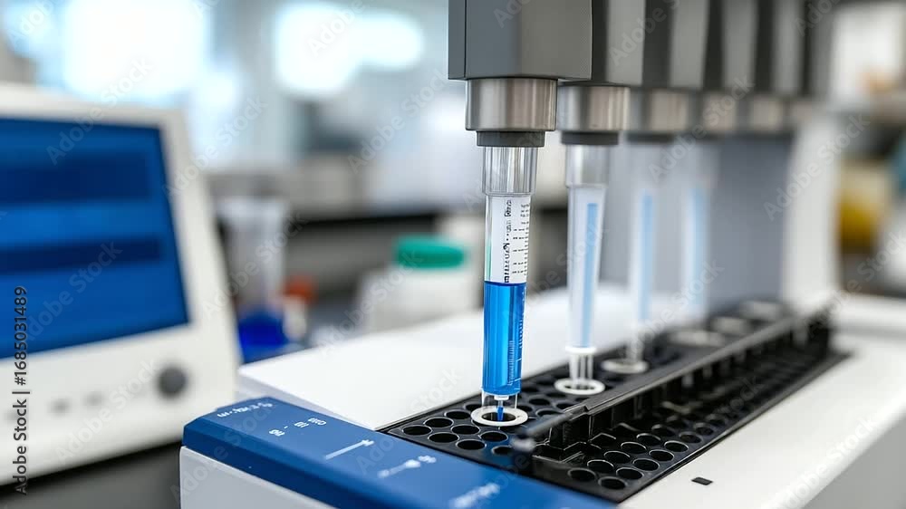 An automated laboratory system is shown for high-throughput ...