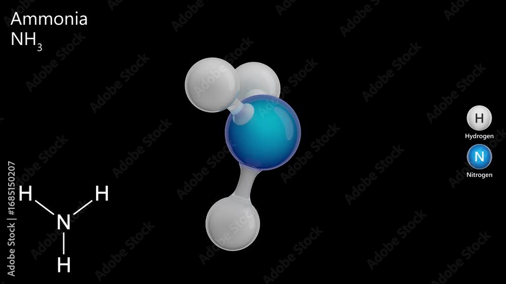 3D molecular structure analysis of Ammonia. Chemical model: Ball and ...
