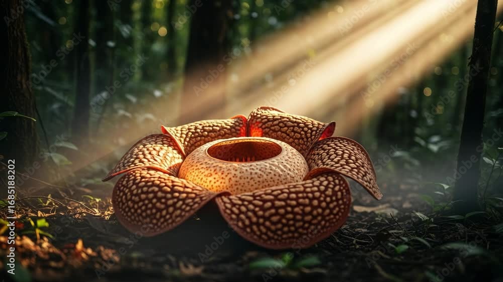 Rafflesia flower in tropical jungle with sunlight rays, cinematic ...