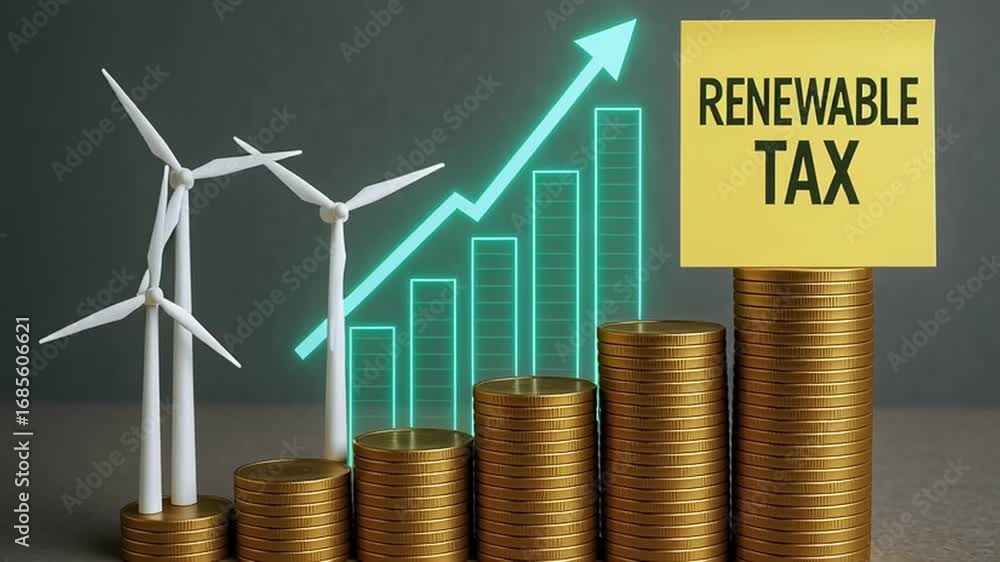 Renewable tax concept with stacked gold coins and wind turbine models ...