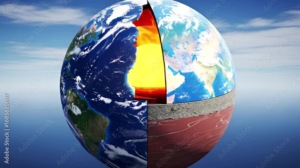 Animated Earth cross-section rotating to show Earth's internal ...