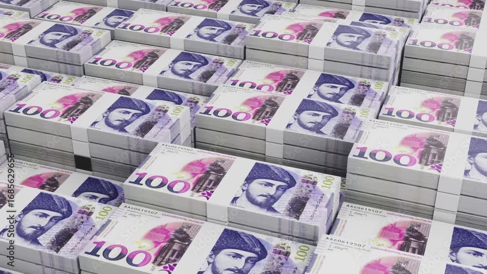 Georgia 100 Lari Banknotes ? Slow Motion Camera Movement. Realistic 3D ...
