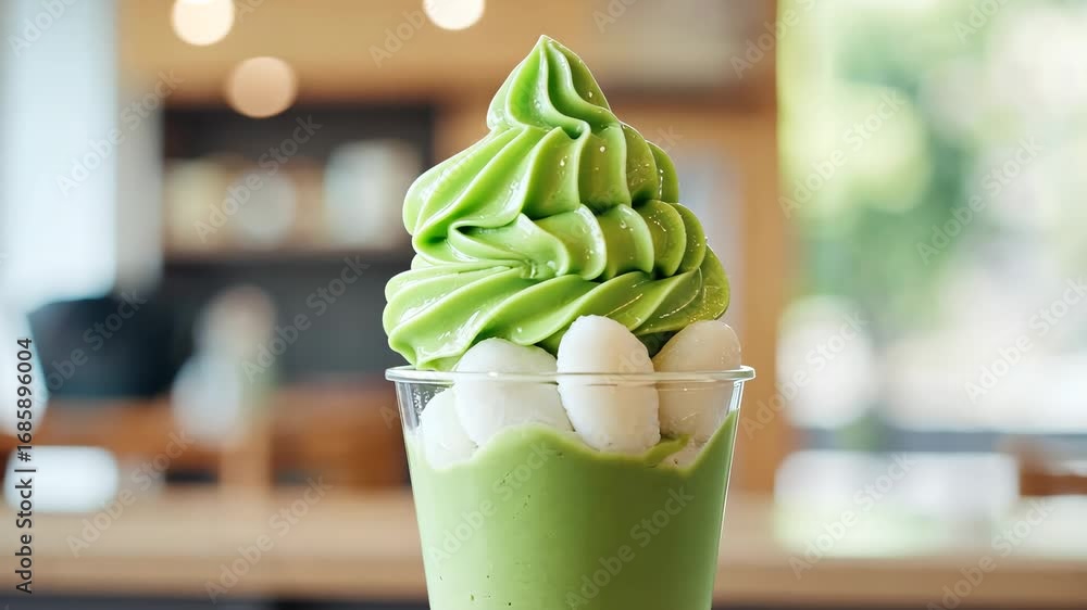 Delicious matcha soft serve ice cream melts elegantly in a clear cup in ...