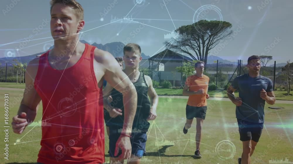 Camera tracking running team jogging on field, generating AR overlays ...