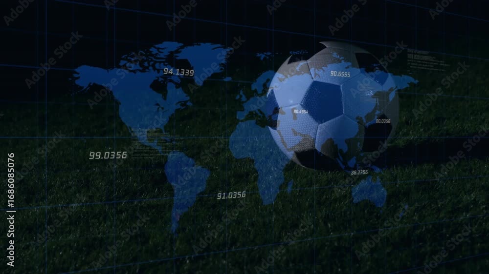 Faint grid appearing over grass, soccer ball rotating and expanding map ...
